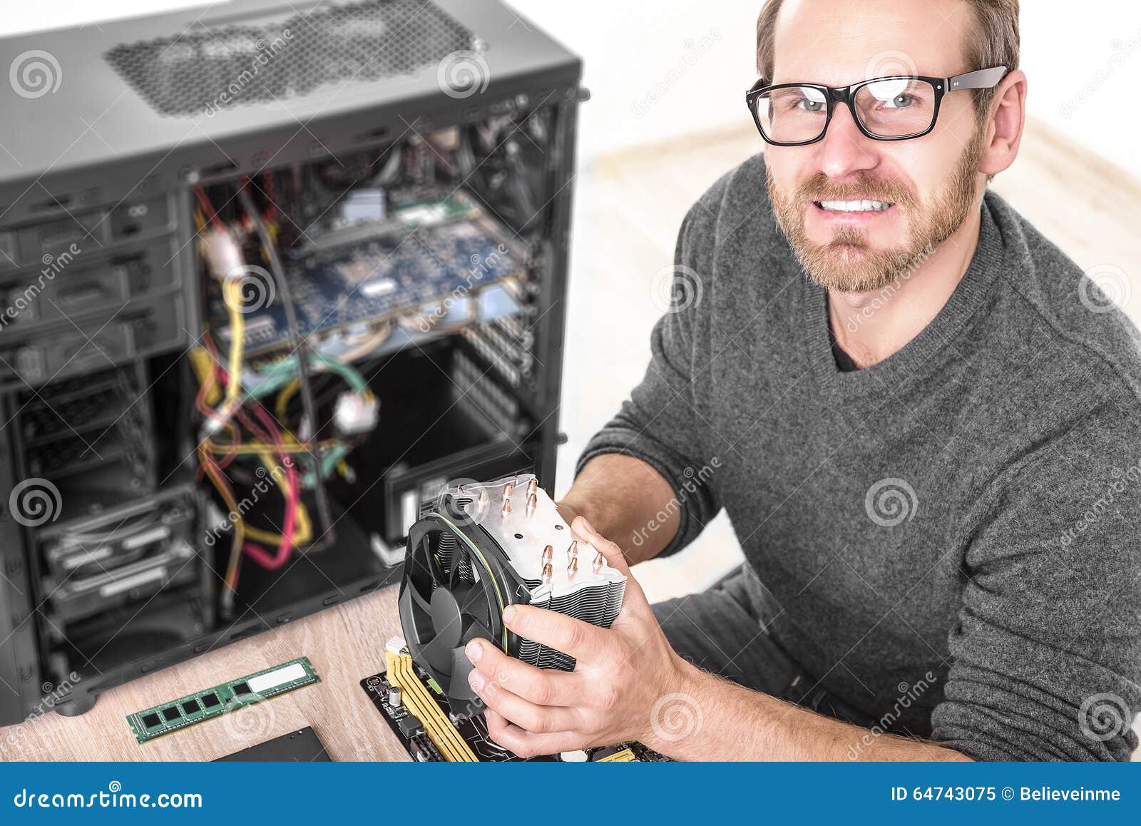 Computer Technician Installs Cooling System Stock Image - Image of ...