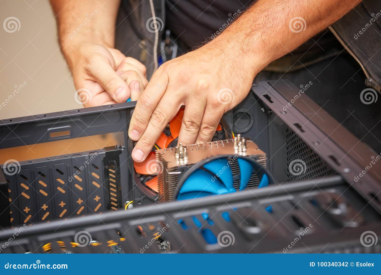 Computer Technician Installs Cooling System of Computer. Stock Photo ...