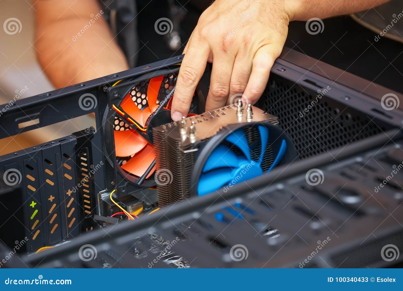 Computer Technician Installs Cooling System of Computer. Stock Image ...