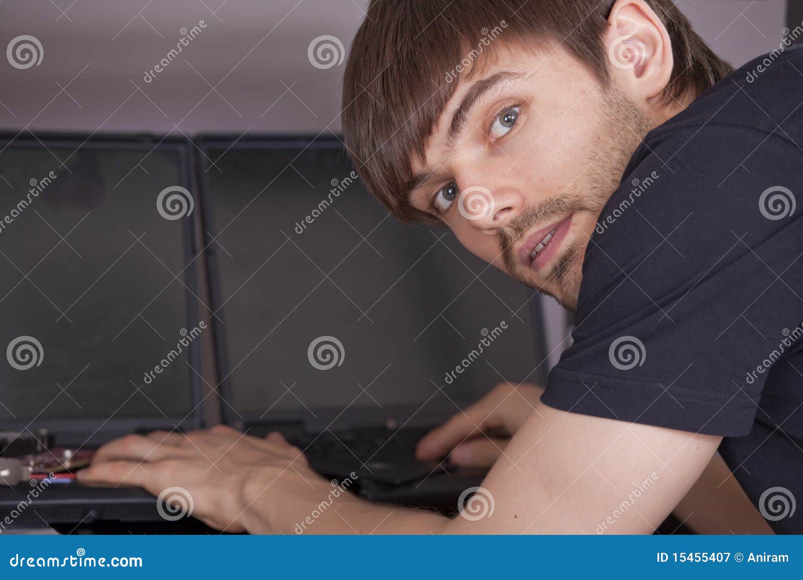 Computer Technician with Laptops Stock Image - Image of setup, male ...