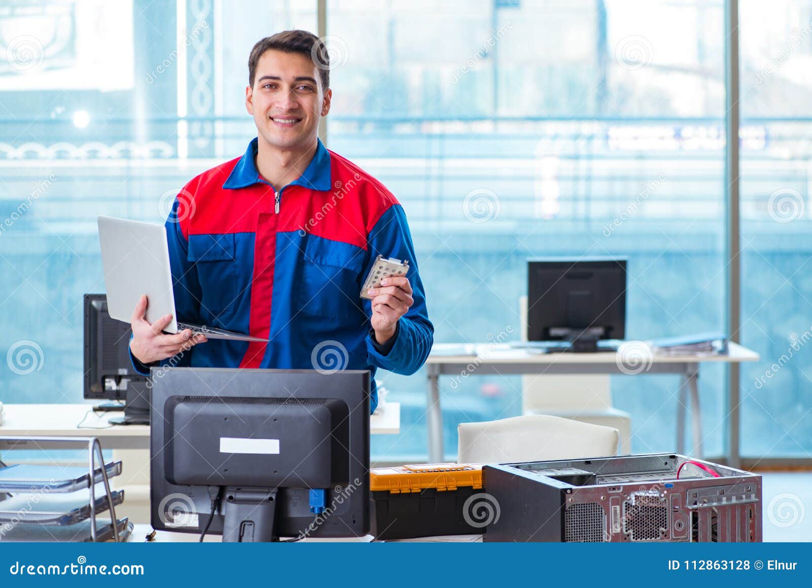The Computer Technician Repairing Broken Computer in Workshop Stock ...