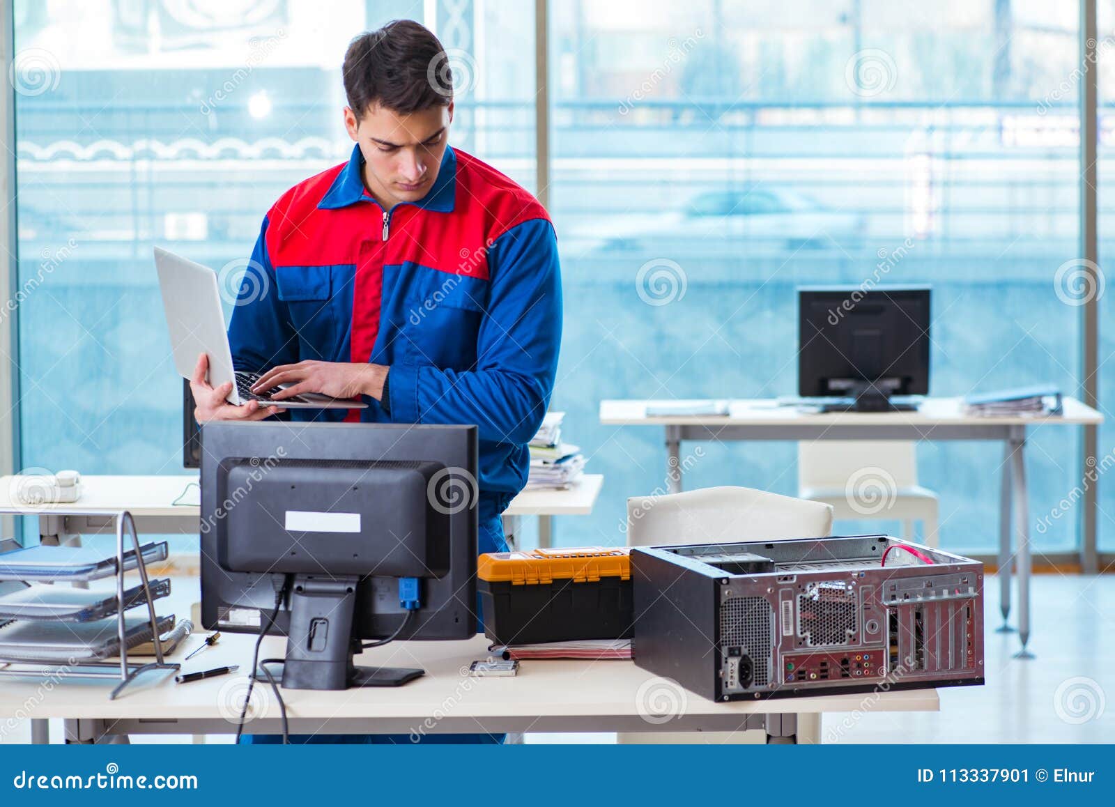 The Computer Technician Repairing Broken Computer in Workshop Stock ...