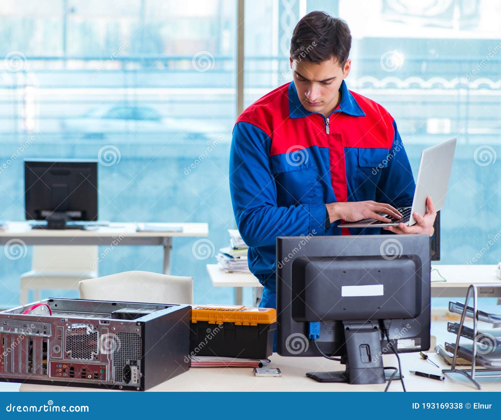 Computer Technician Repairing Broken Computer in Workshop Stock Photo ...