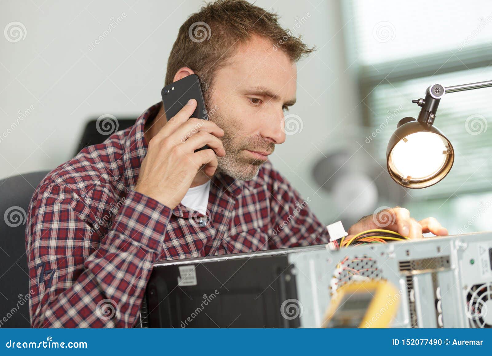Computer Technician Talking by Phone Stock Photo - Image of repair ...