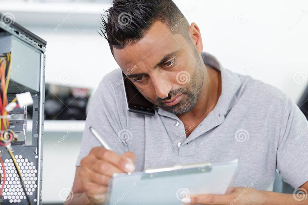 Computer Technician at Work Stock Image - Image of master, clipboard ...