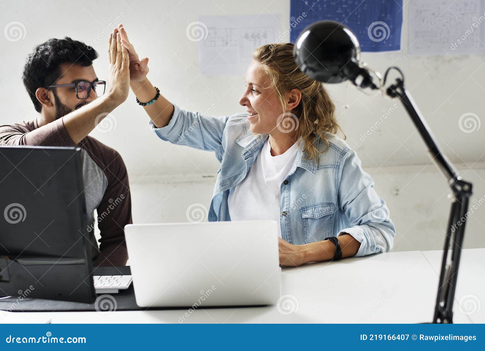 Computer Technicians Friends Hits Their Palms Together Stock Image ...