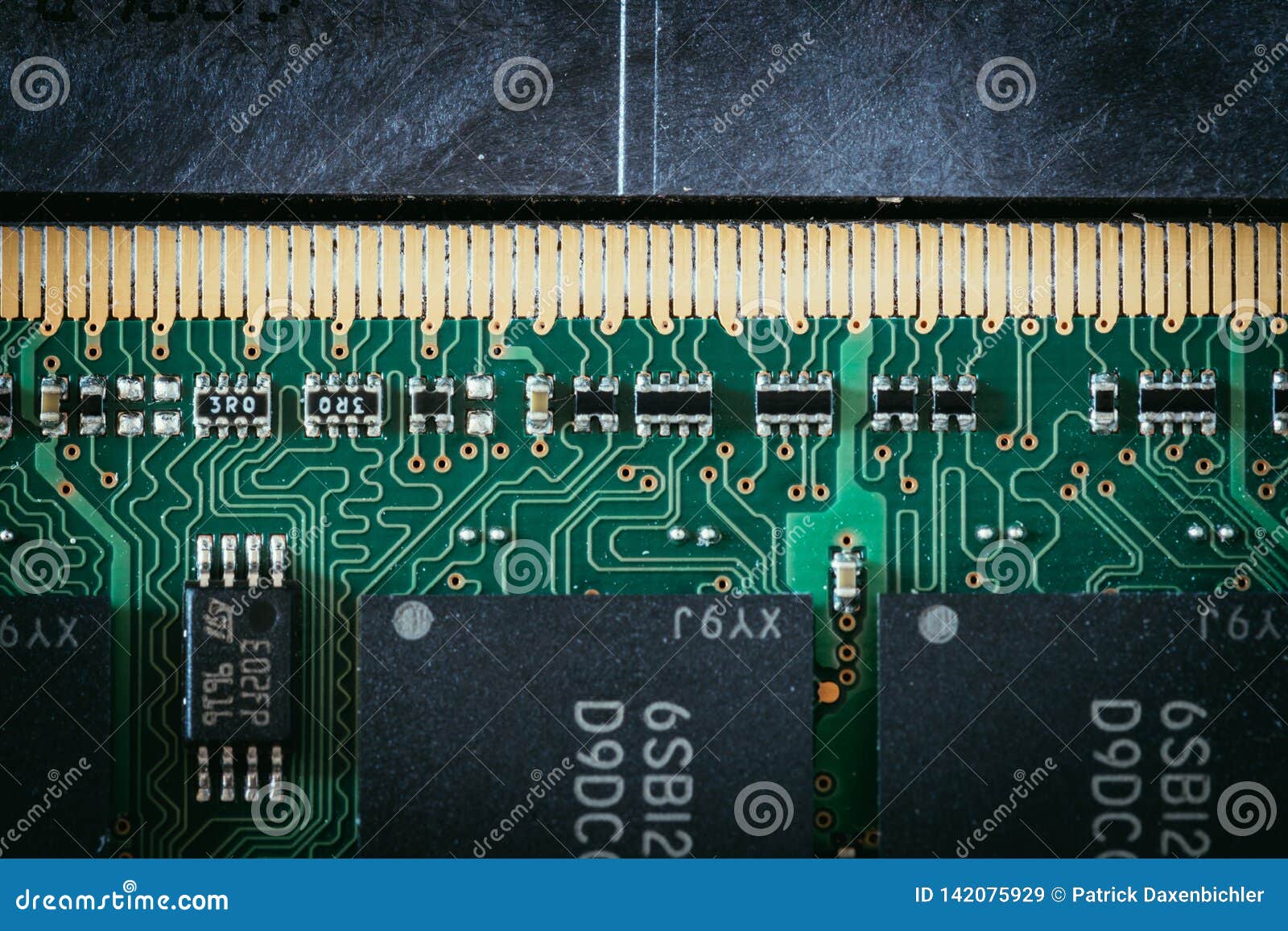 Computer Technology: Close Up of a Memoery Chip on a Circuit Board ...