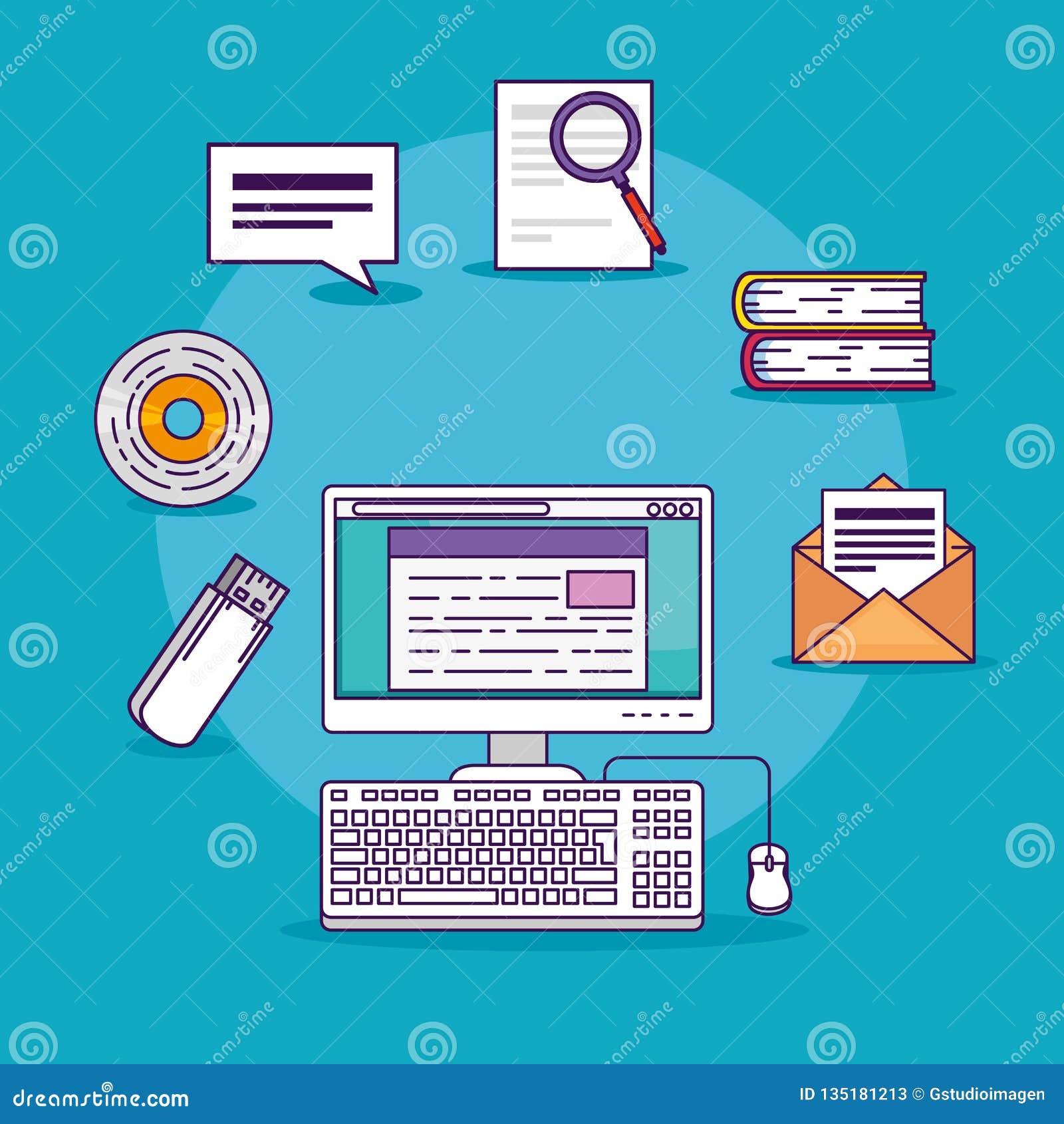 Computer Technology Document with Books and Usb Memory Stock Vector ...