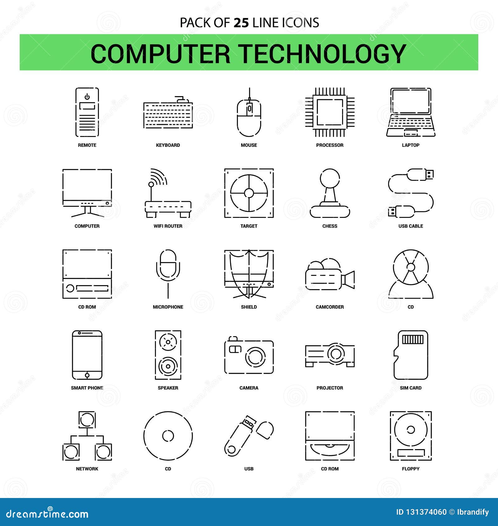Computer Technology Line Icon Set - 25 Dashed Outline Style Stock ...