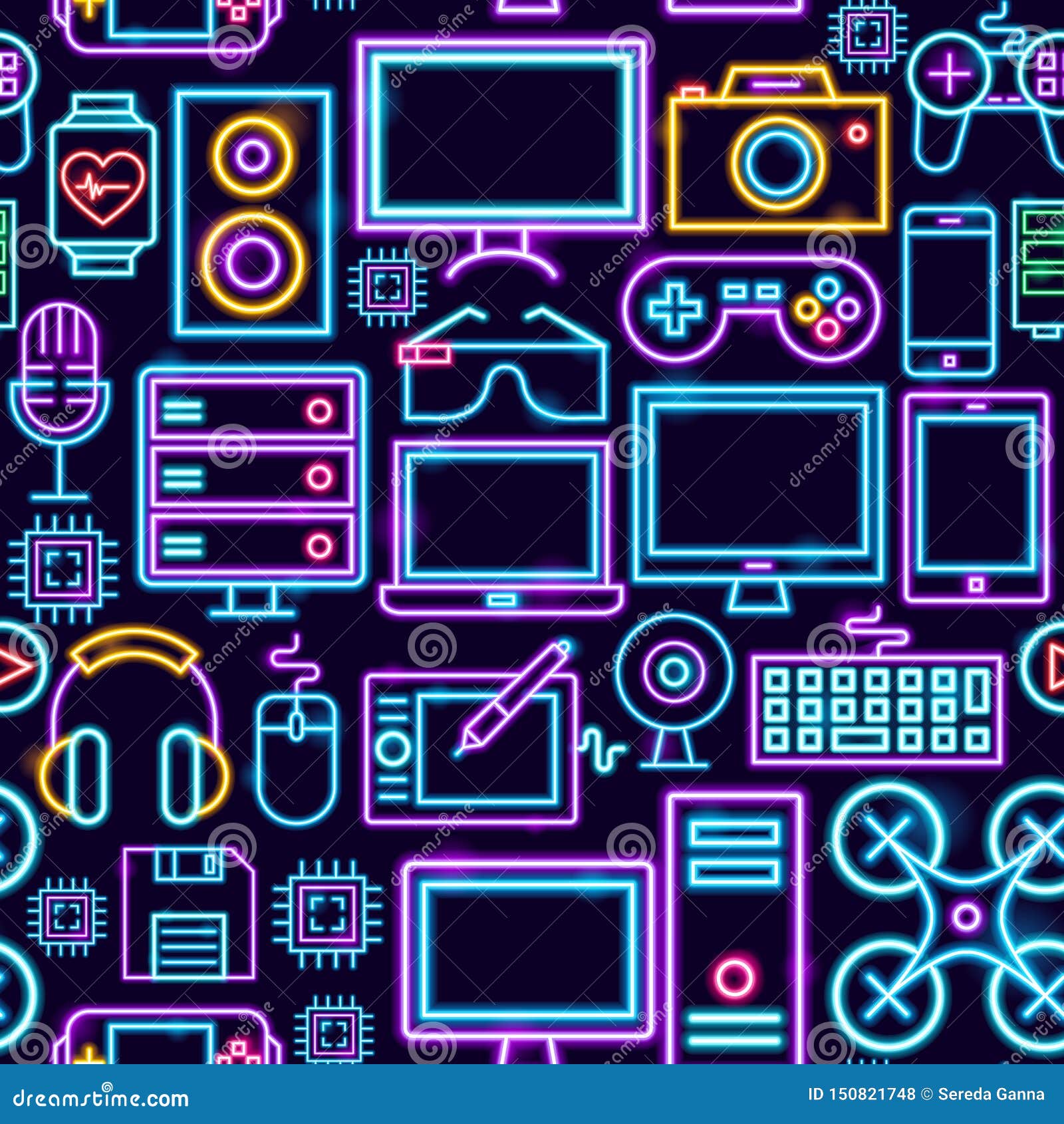 Computer Technology Neon Seamless Pattern Stock Vector - Illustration ...