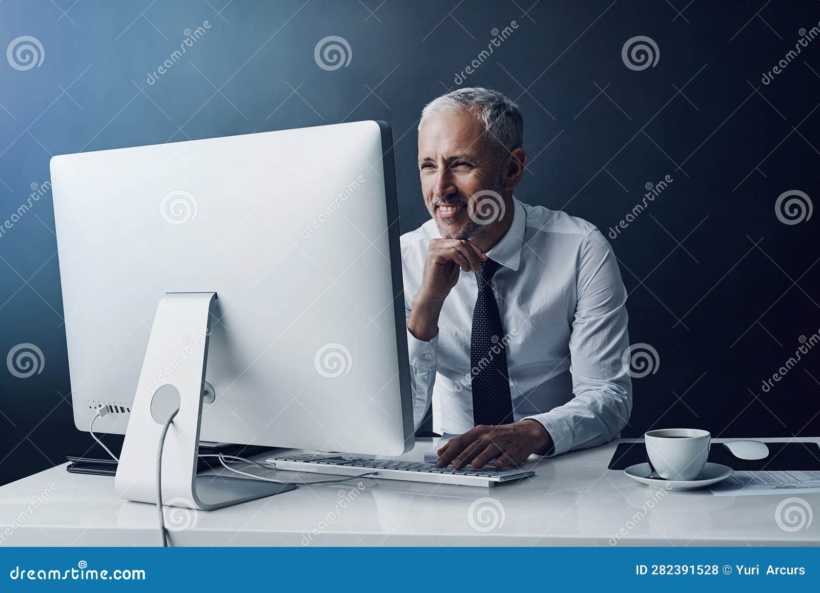 Computer, Thinking and Senior Business Man in Office, Working on Project or Mockup. Technology ...