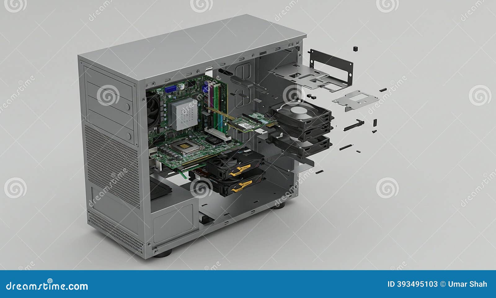 Exploded View Of White Gaming Pc Computer With Glass Windows And ...