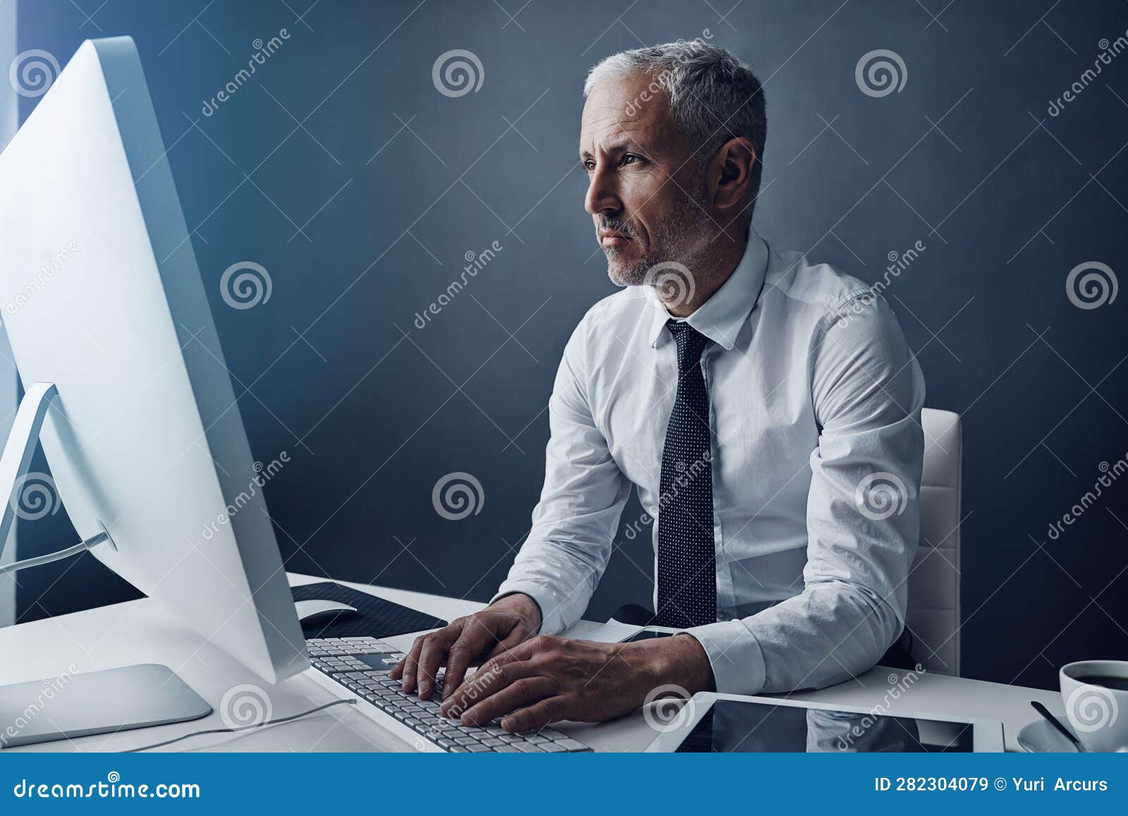 Computer, Typing Accountant and Mature Man in Office, Working and Isolated on a Studio ...