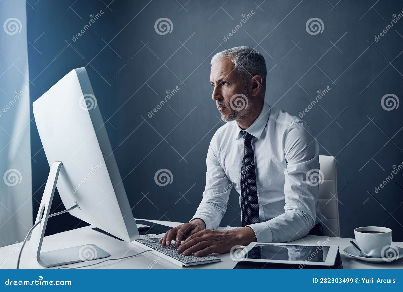 Computer, Typing Accountant and Senior Man in Office, Working on Project Online or Mockup ...