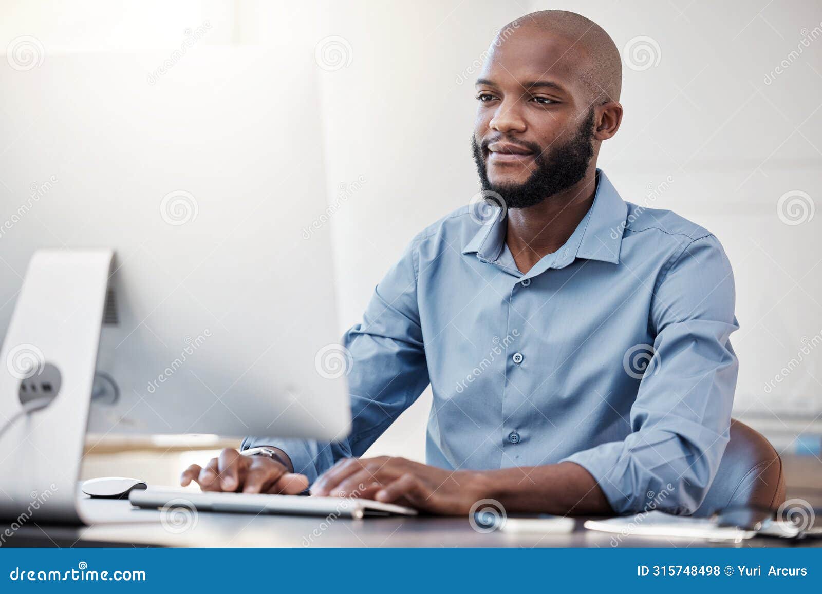 Computer, Typing and Black Man in Office for Research with Corporate ...