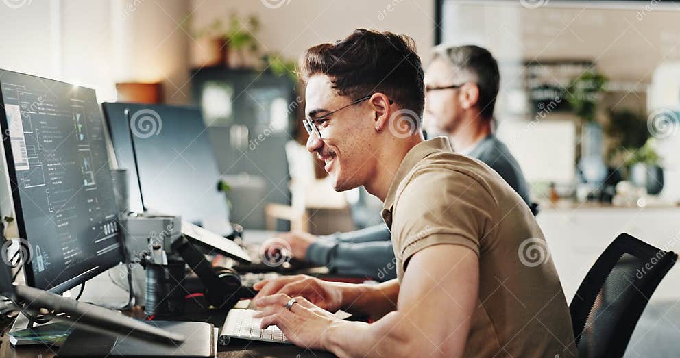 Computer, Typing and Web Development with Happy Man in Creative ...