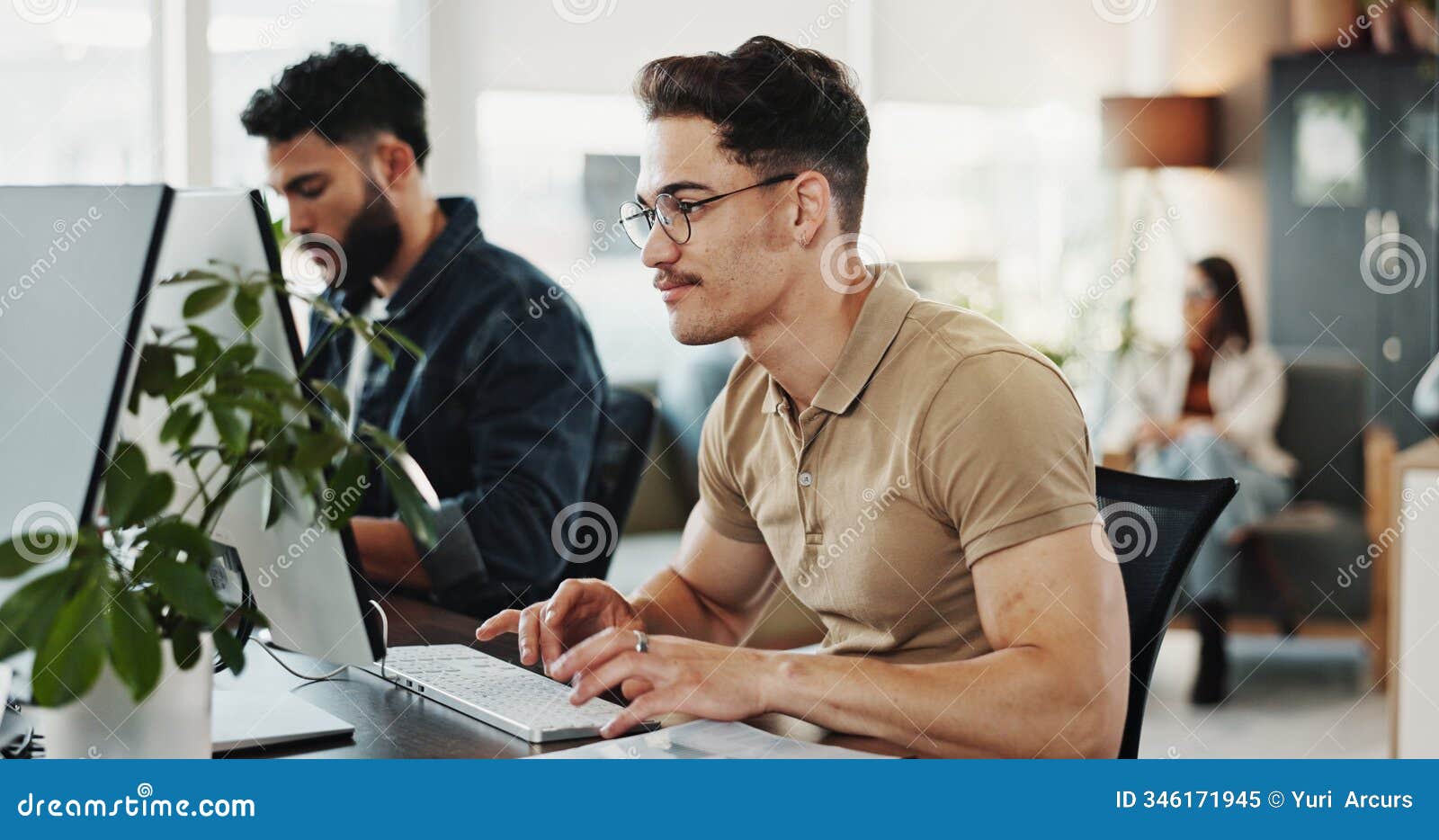 Computer Typing And Web Development With Man Programmer In Creative Workplace For Coding Or