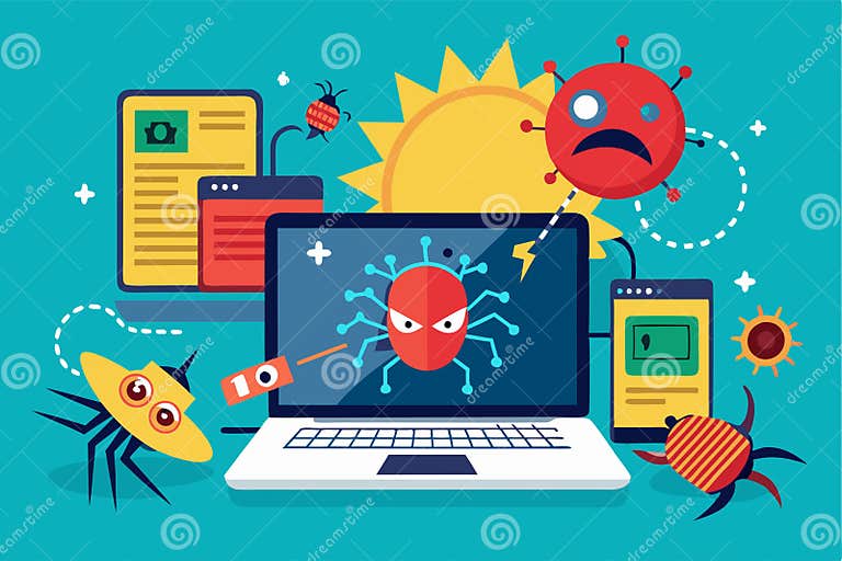 A Computer is Under Attack by Various Animated Malware Viruses with Vibrant Graphics and Icons ...