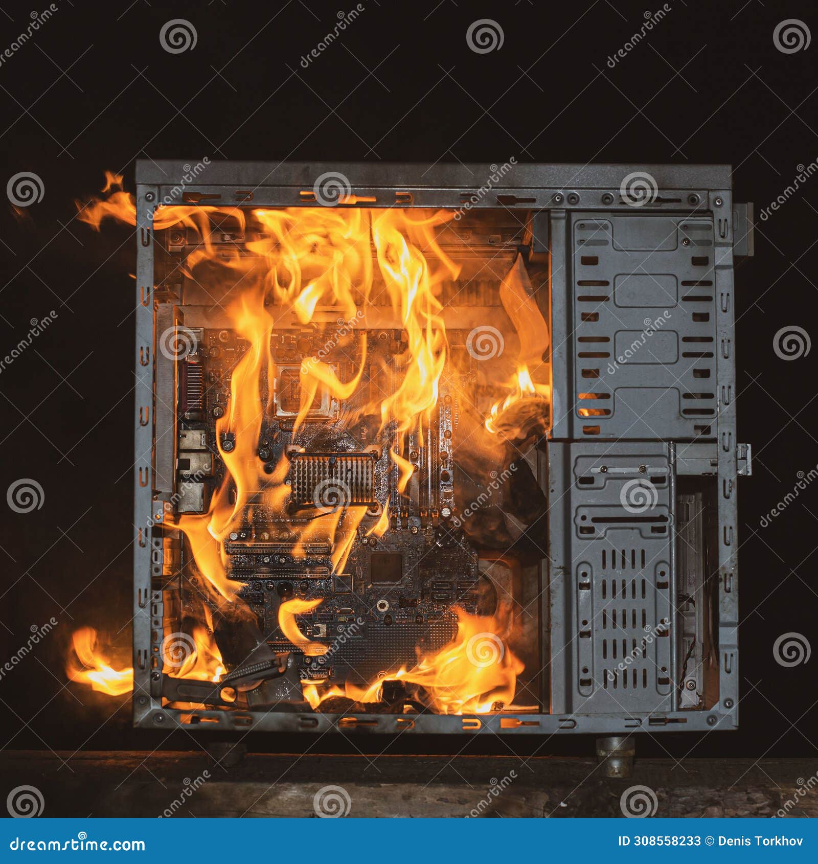 Computer Unit is Burning with Open Fire and Smoke from Overheating, on ...