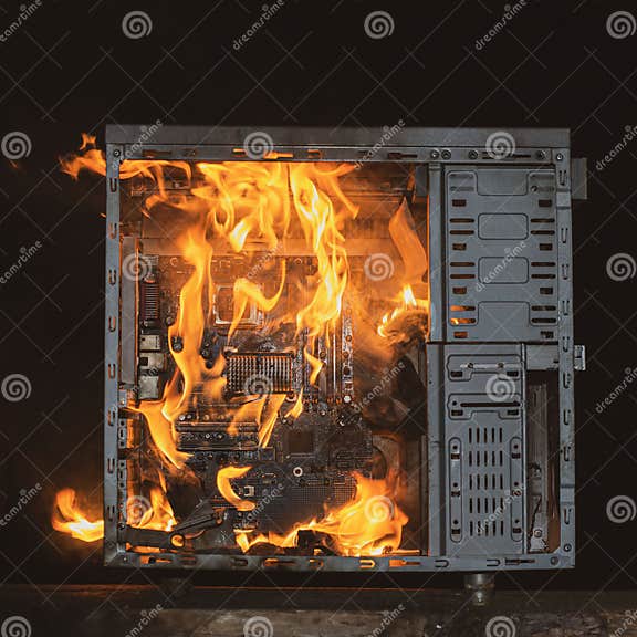 Computer Unit is Burning with Open Fire and Smoke from Overheating, on ...