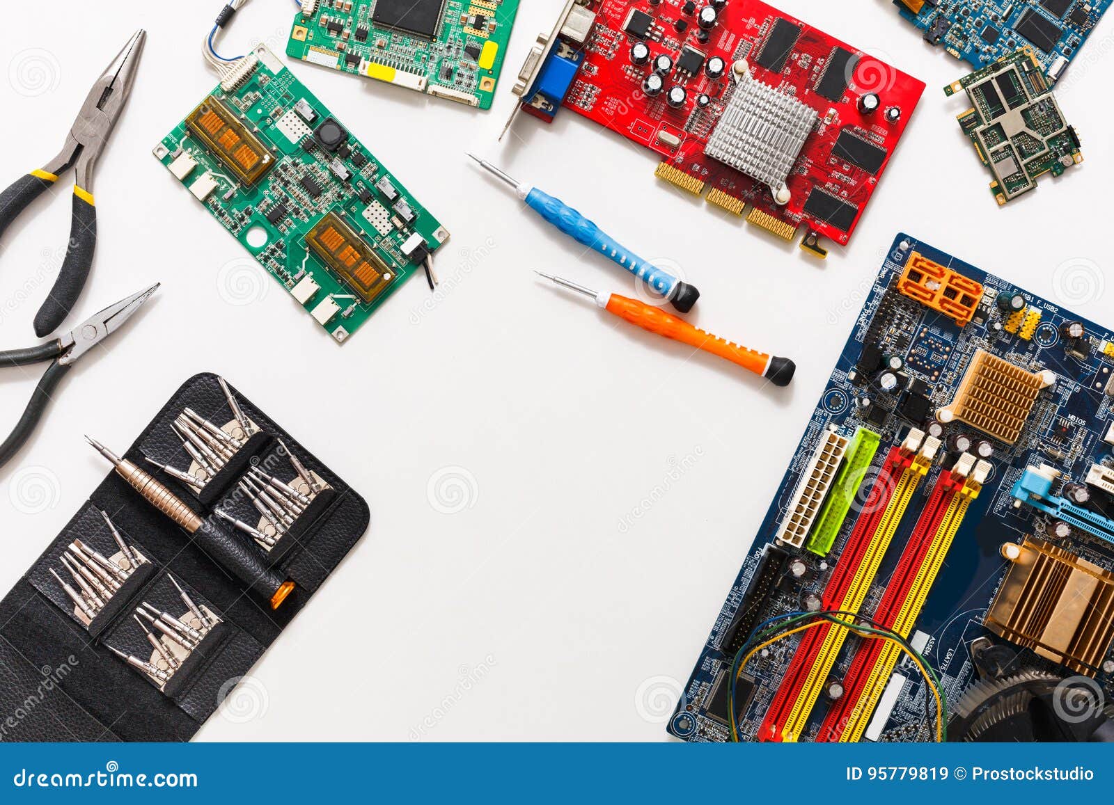 Computer Upgrade. Motherboard and Tools Flat Lay Stock Image - Image of ...