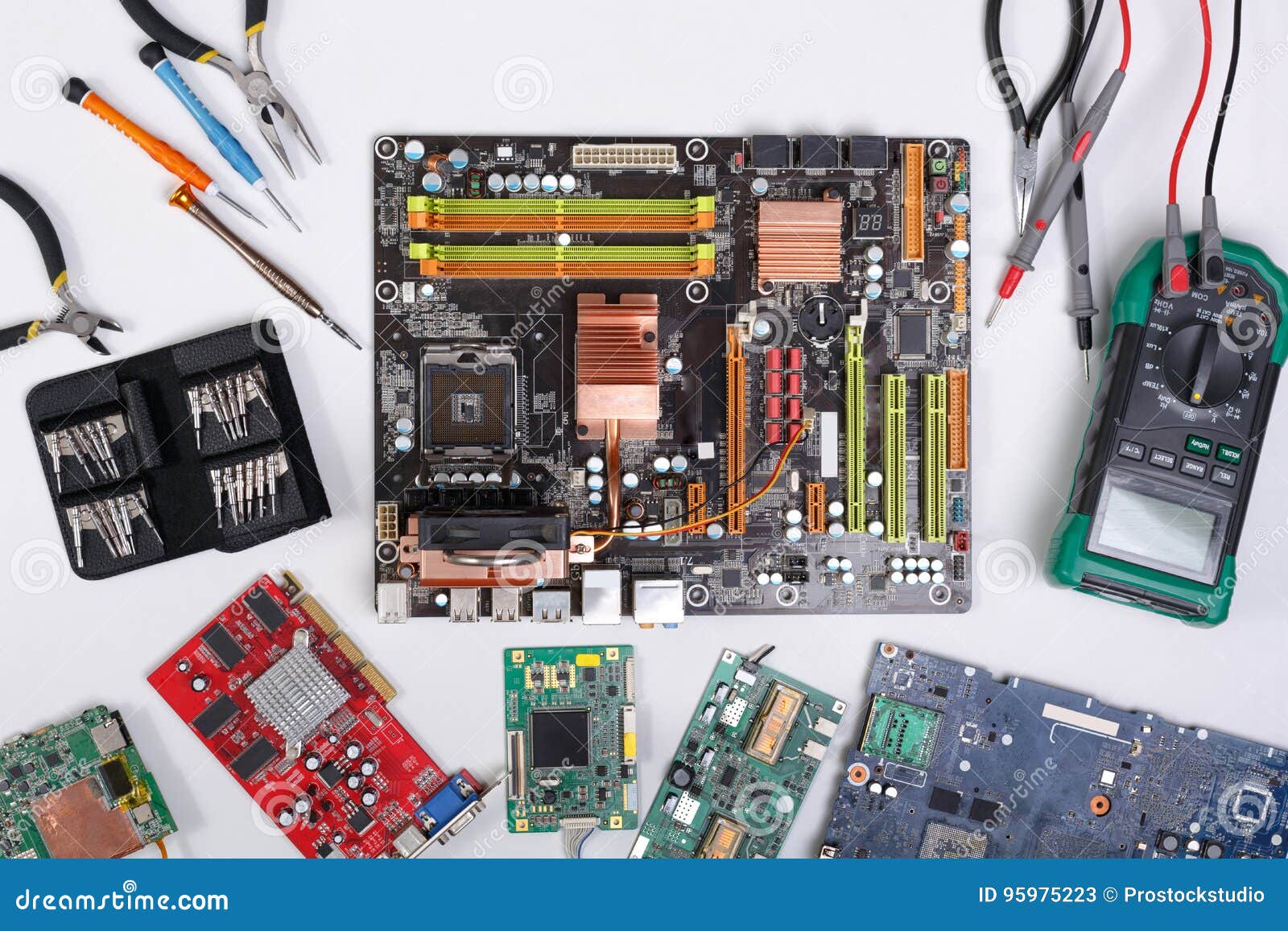 Computer Upgrade. Motherboard and Tools Flat Lay Stock Image - Image of ...