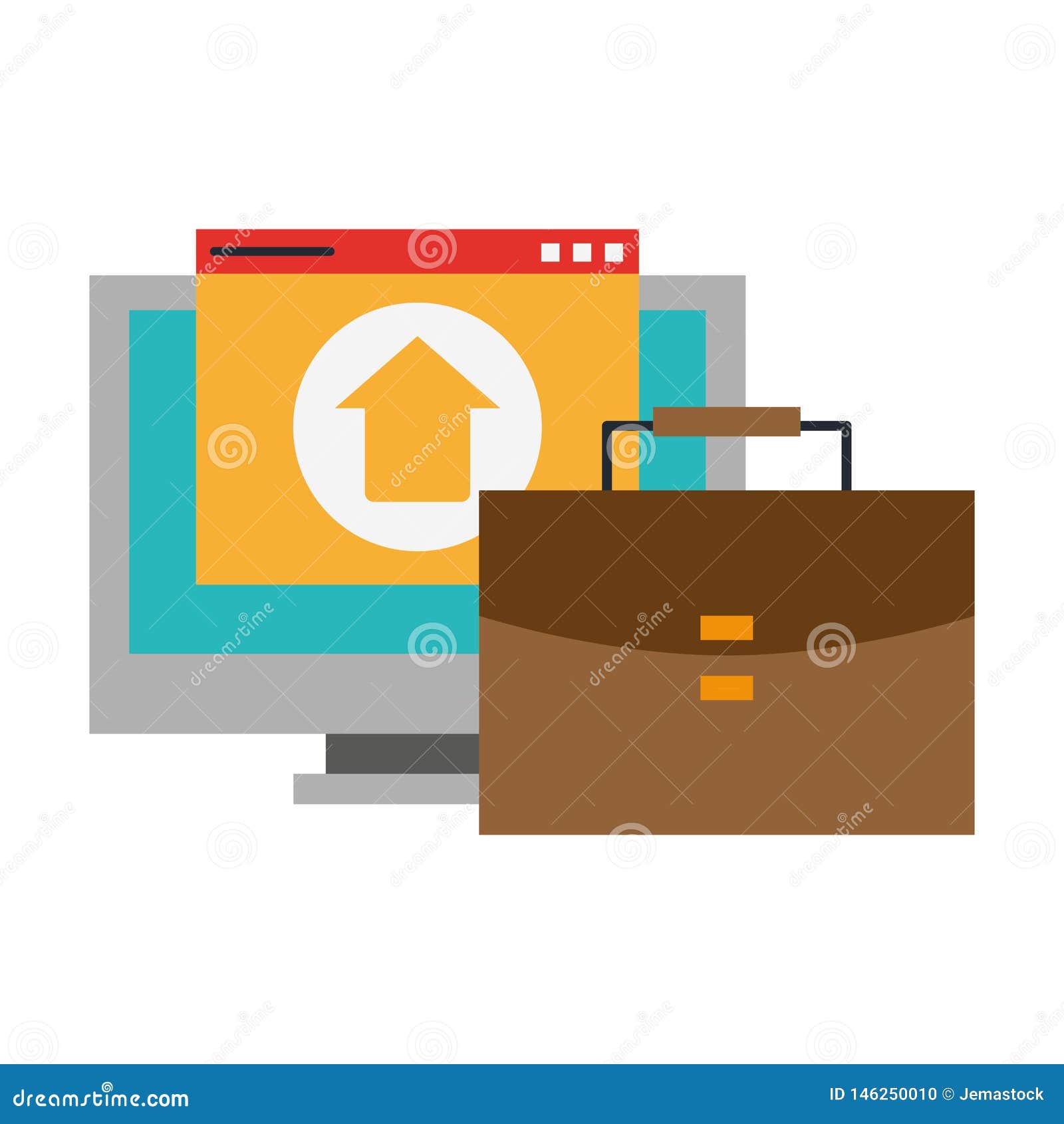 Computer with Upload Sign and Briefcase Stock Vector - Illustration of ...