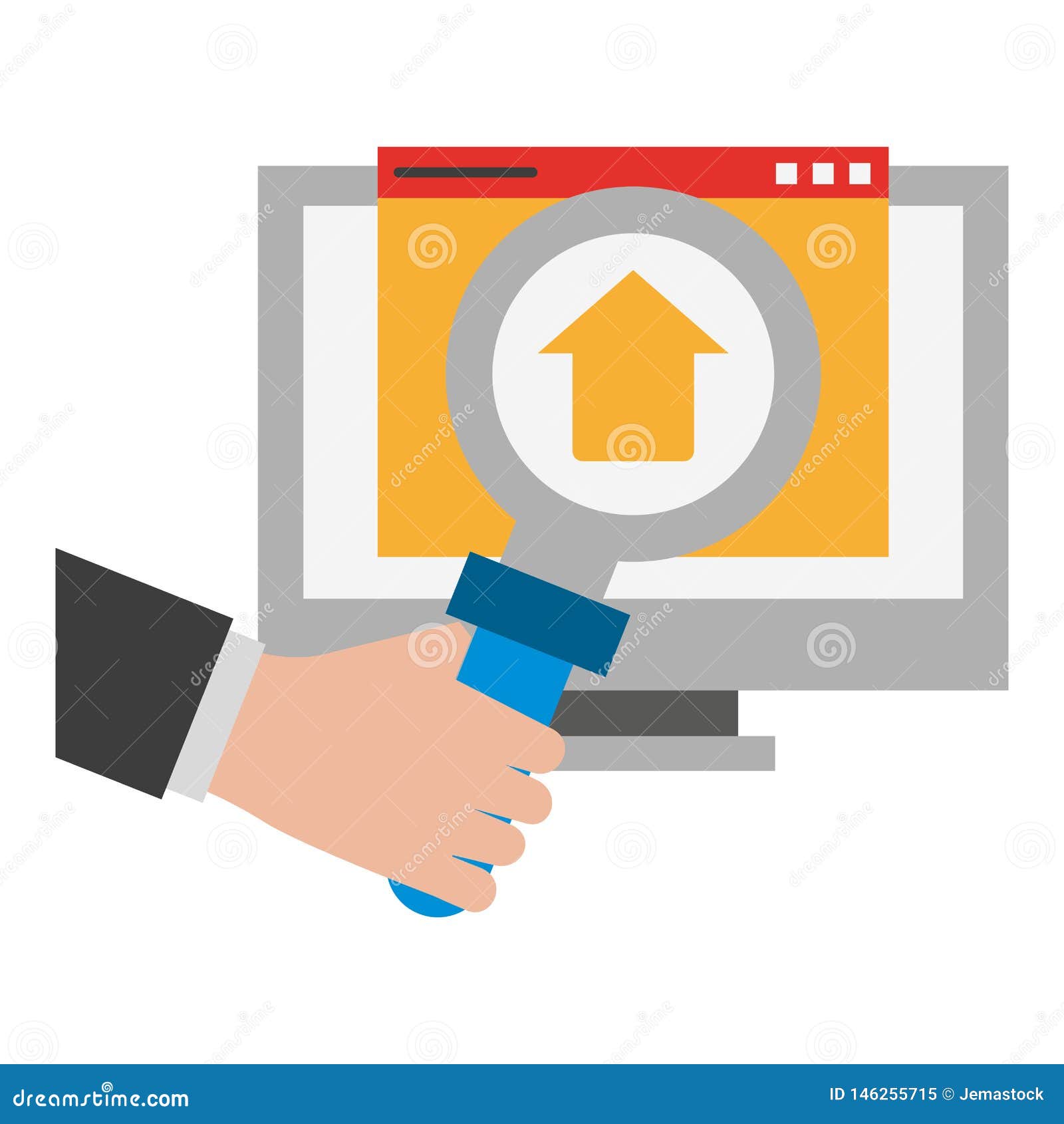 Computer with Upload Sign and Magnifying Glass Stock Vector ...