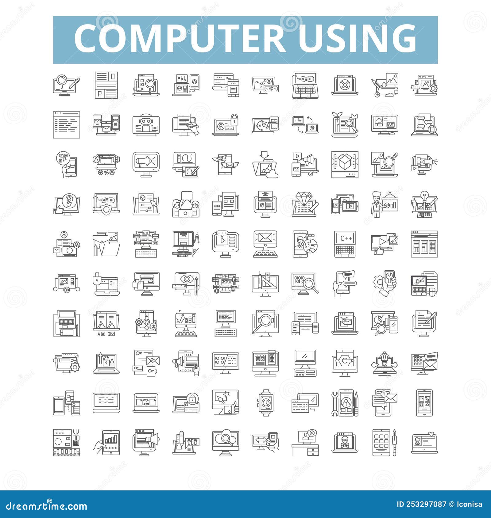 Computer Using Icons, Line Symbols, Web Signs, Vector Set, Isolated ...