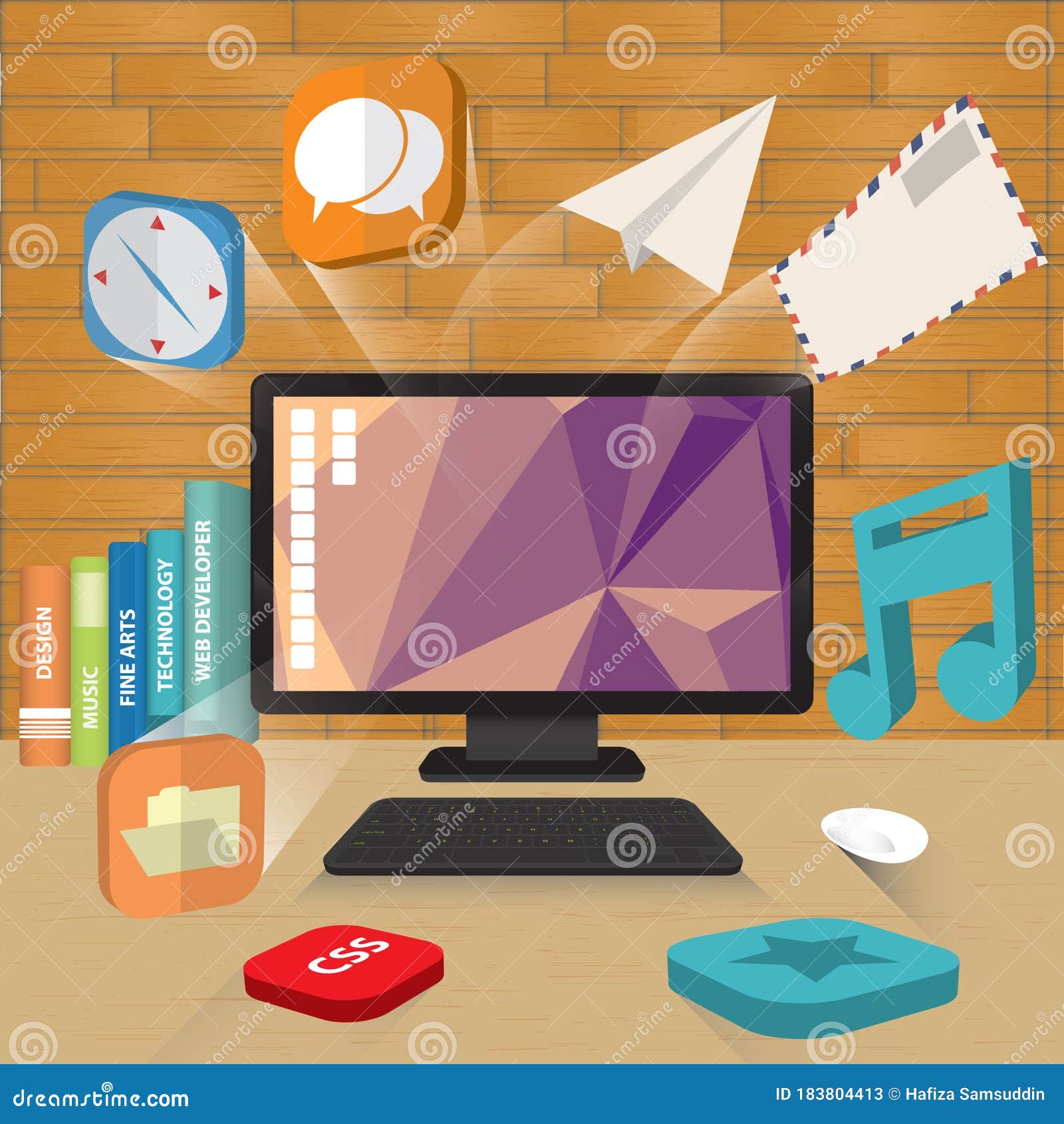 Computer with Various Icons. Vector Illustration Decorative Background ...