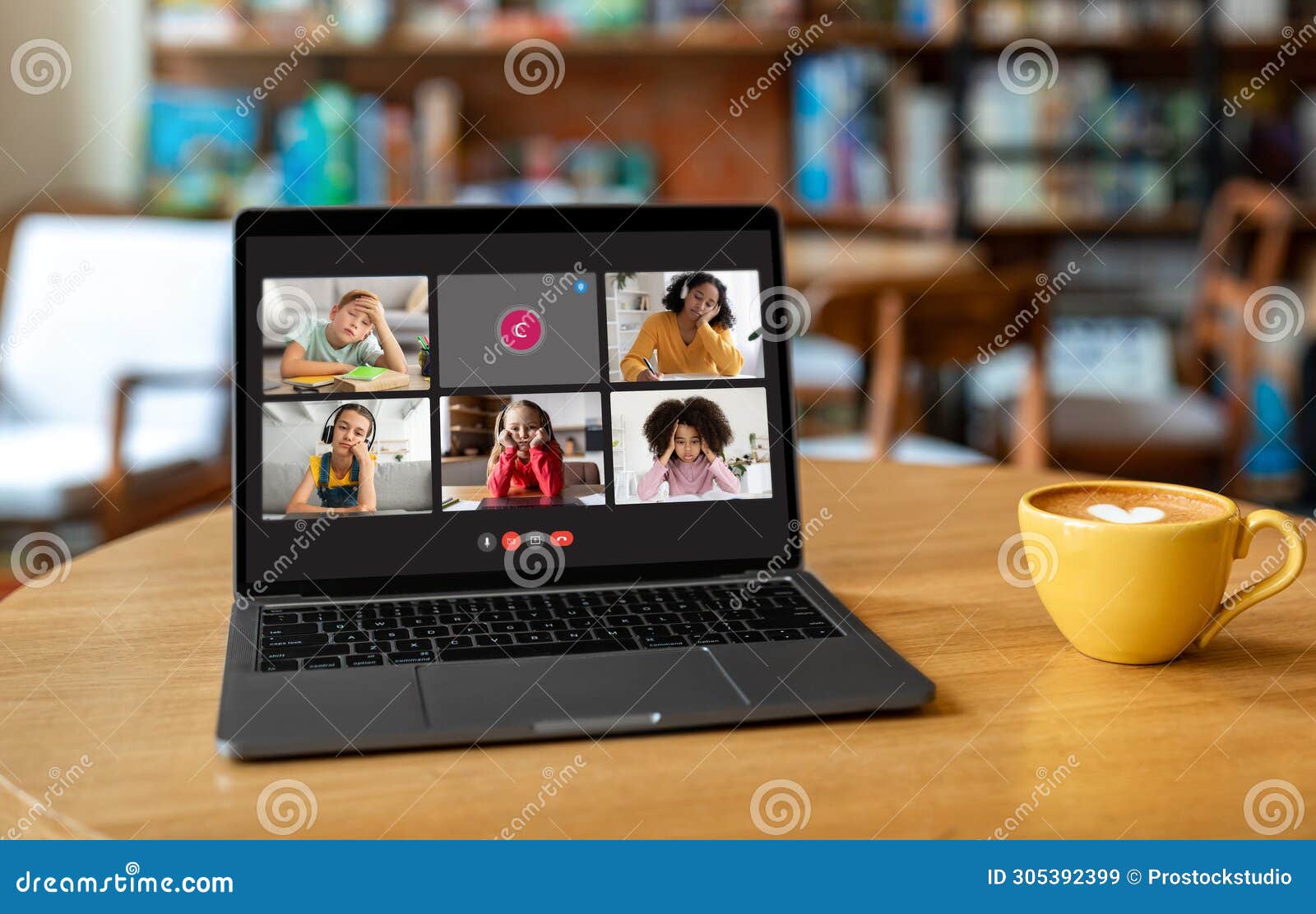 Computer with Video Chat Online Class Screen on Cafe Table Stock Image ...