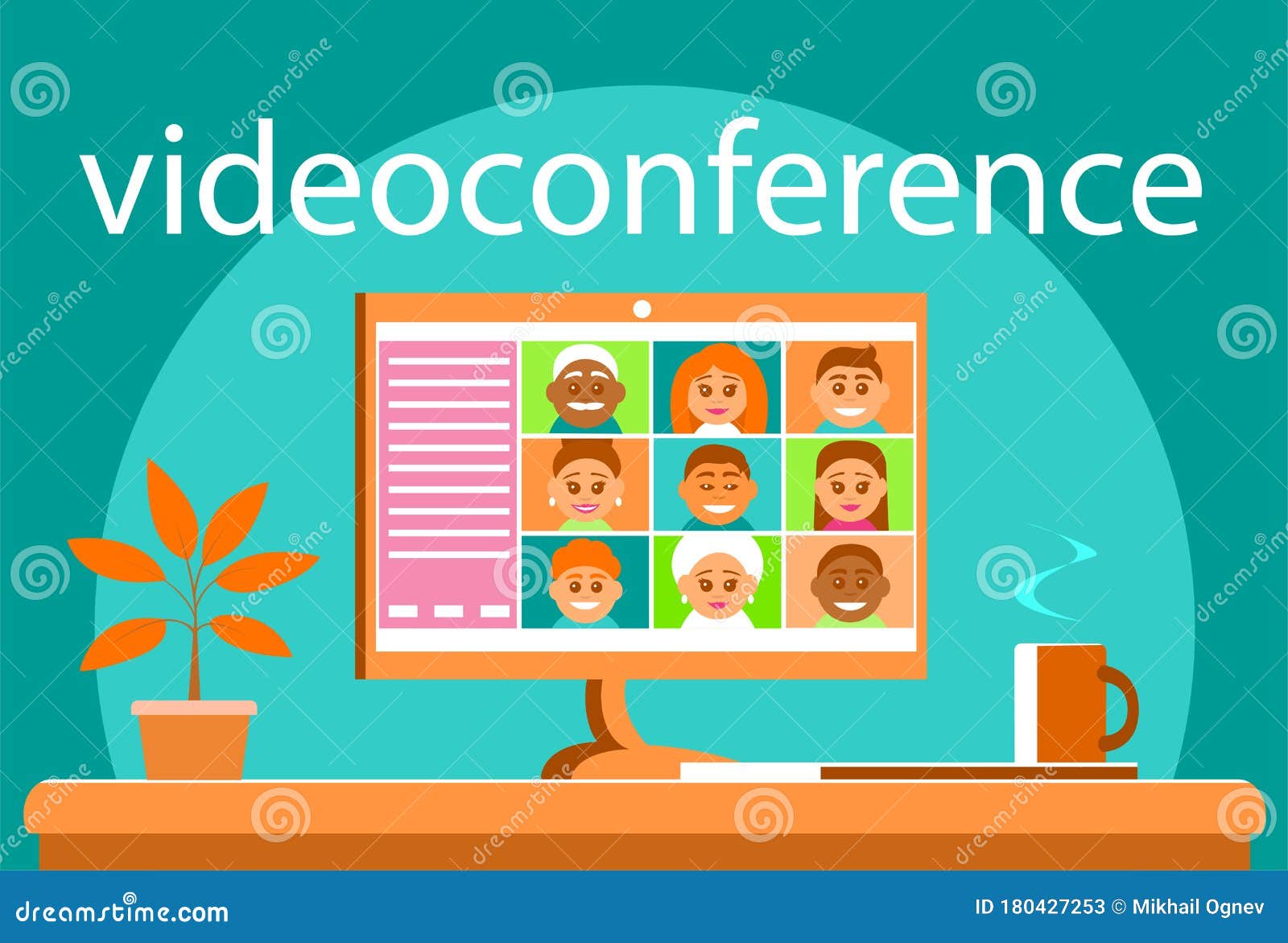 Computer with Video Conferencing on Screen Stock Vector - Illustration ...