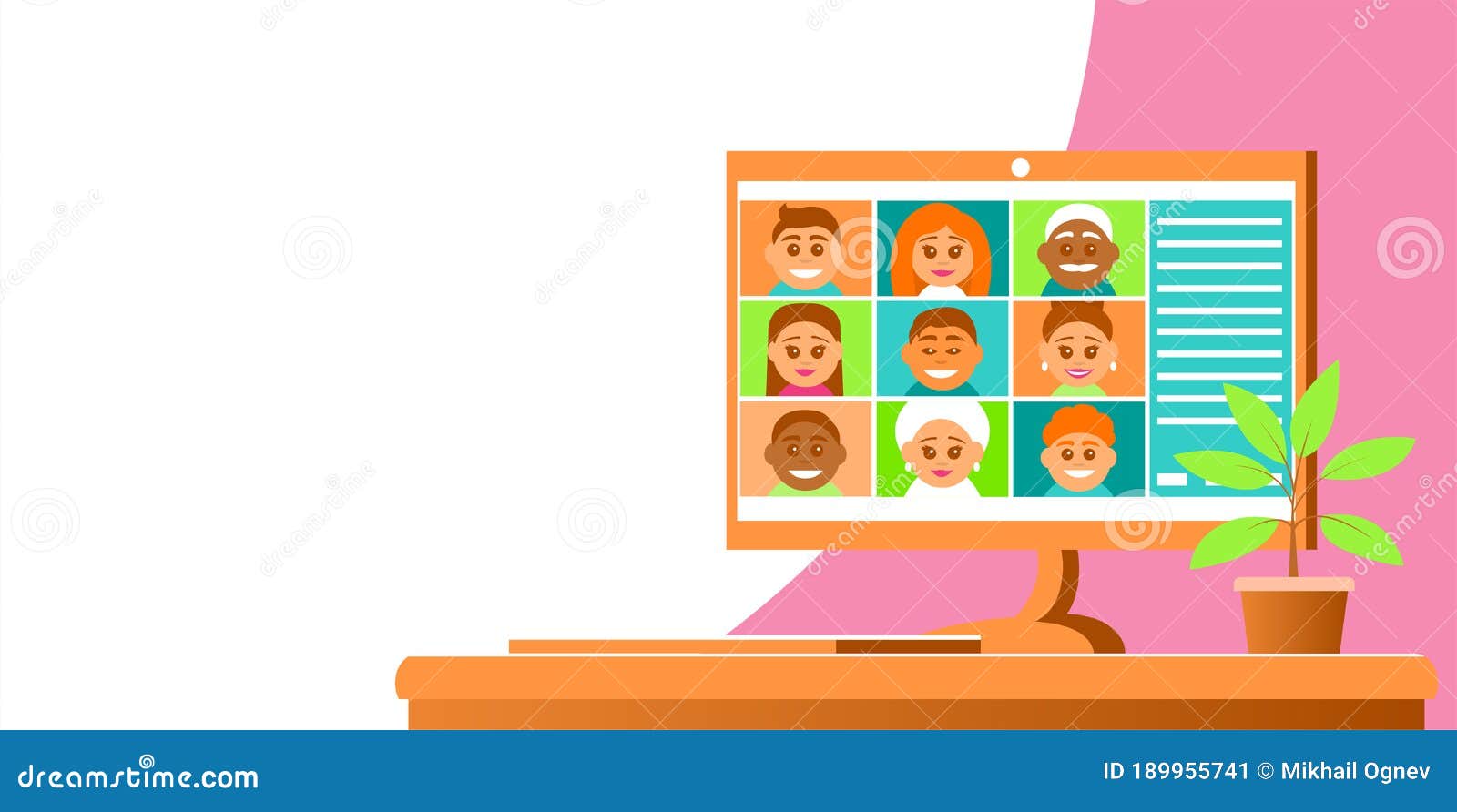 Computer with Video Conferencing on Screen Stock Vector - Illustration ...