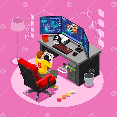 Computer Video Game Isometric Gaming People Vector Illustration Stock ...