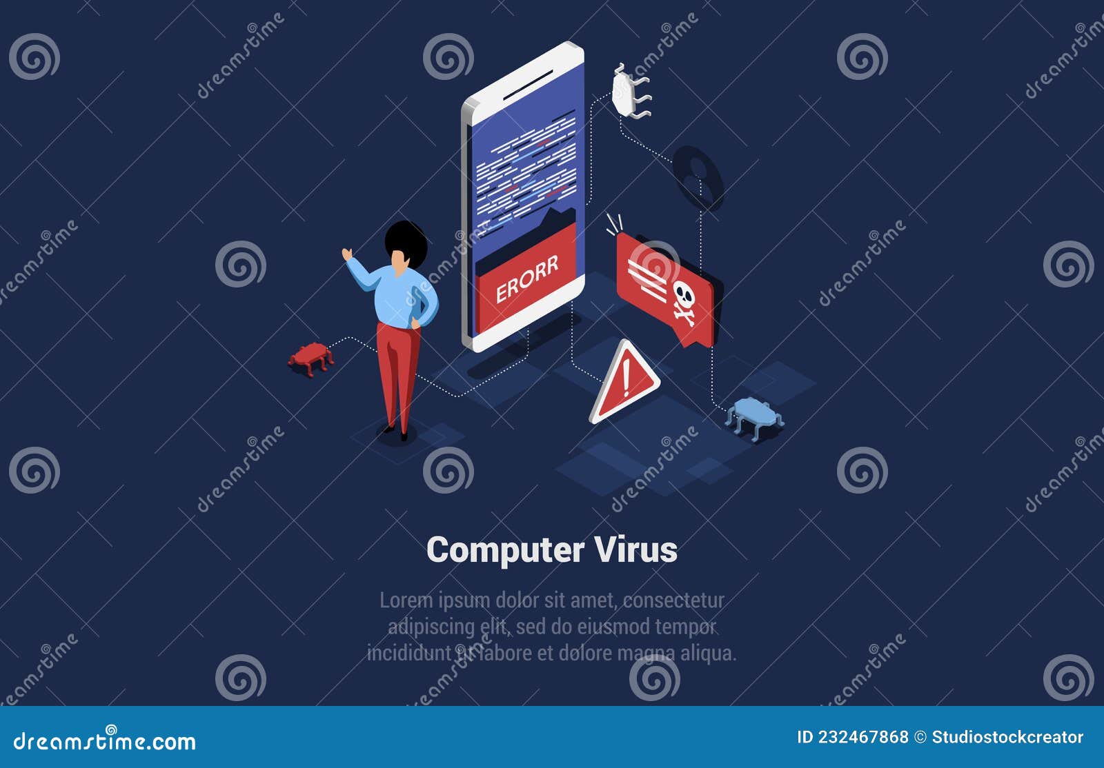 Computer Virus Concept Illustration in Cartoon 3D Style. Isometric ...
