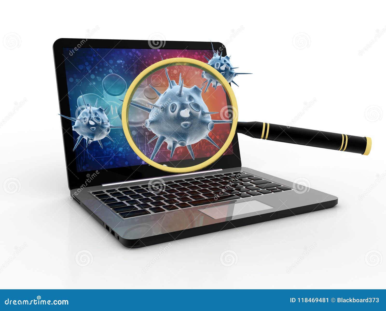 Virus Detection, Magnifying Glass Scanning Virus with Computer. 3d ...