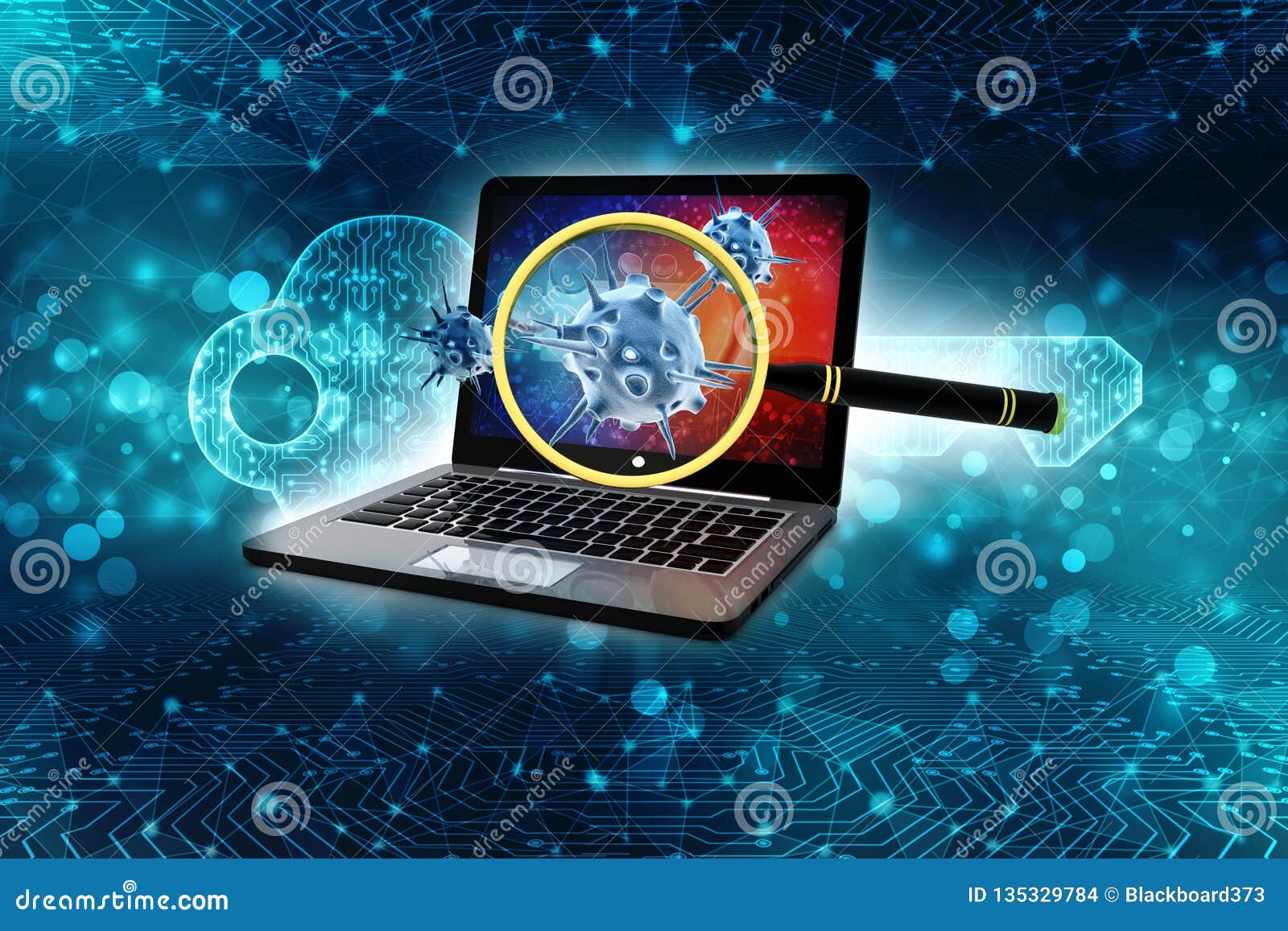 Virus Detection, Magnifying Glass Scanning Virus with Computer. 3d ...