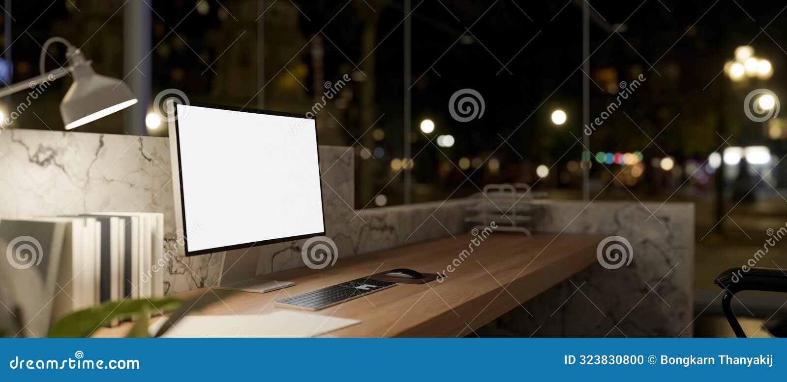 A Computer with a White-screen Mockup on a Lobby Reception Counter at ...