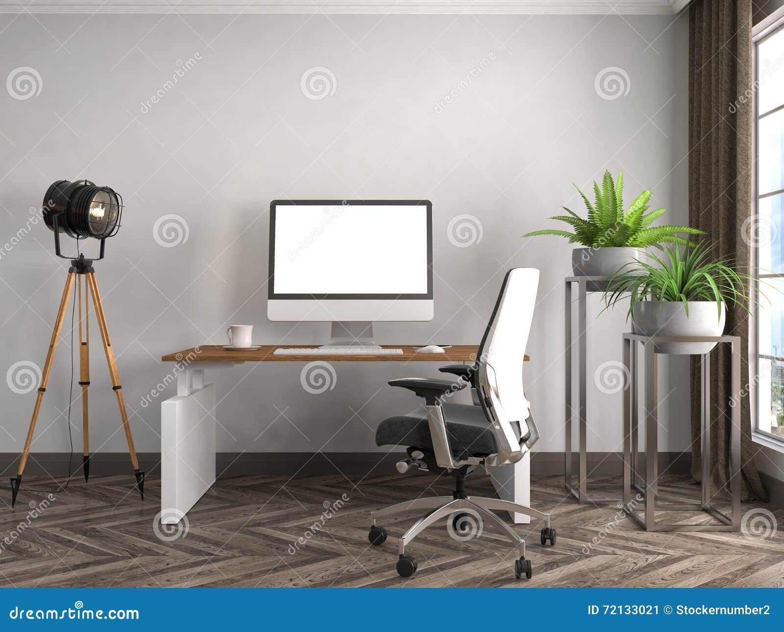 Computer with White Screen on Office Table. 3D Illustration Stock ...