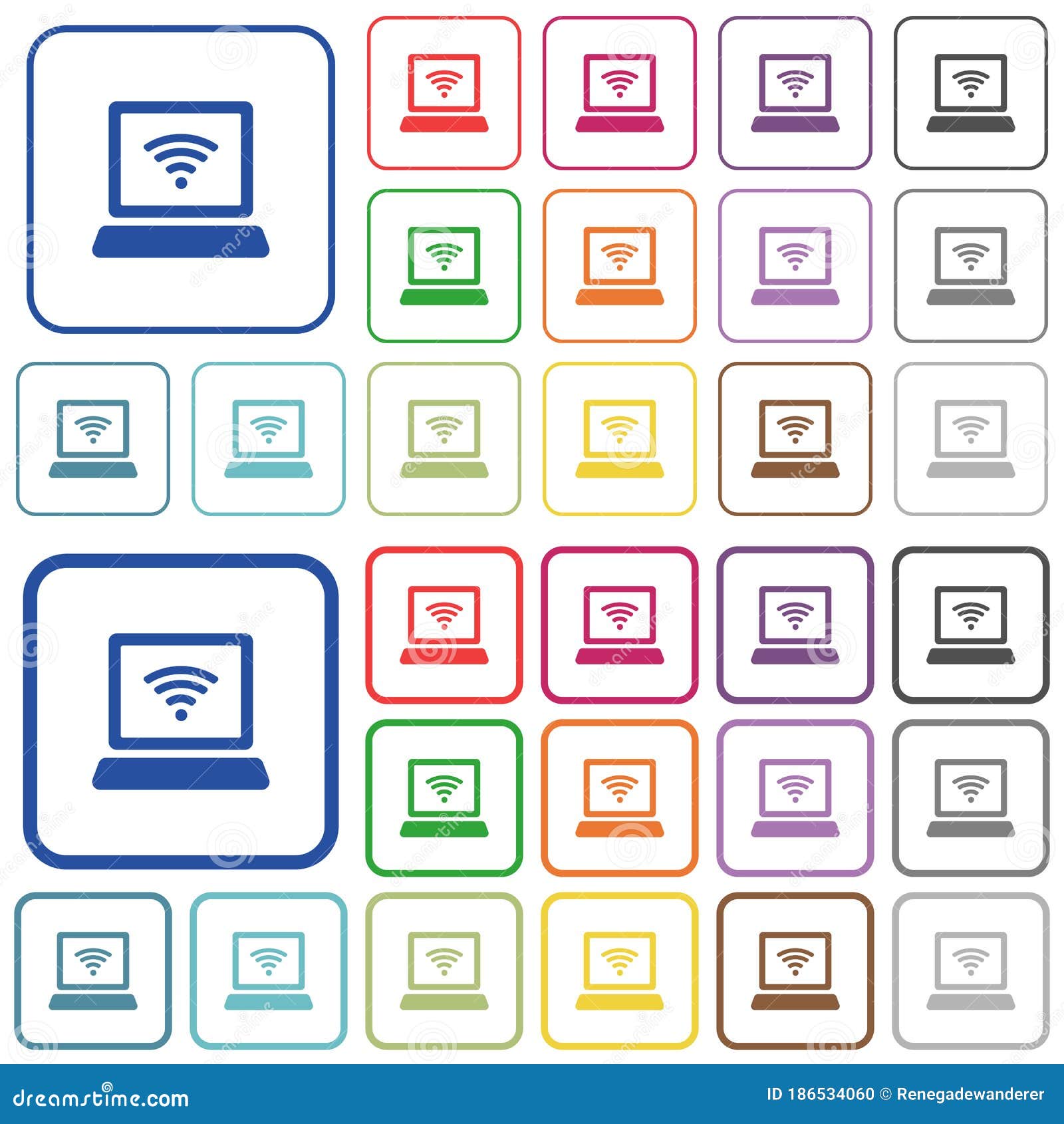 Computer with Wireless Symbol Color Outlined Flat Icons Stock Vector ...