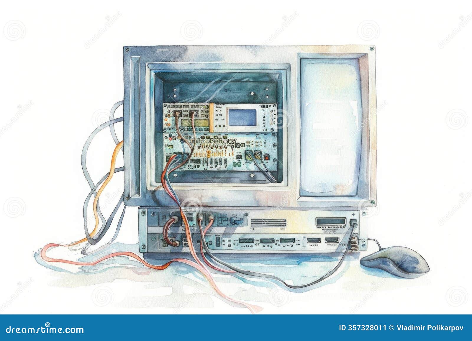 A Computer with Wires and a Mouse on the Desk, Suitable for Office or ...