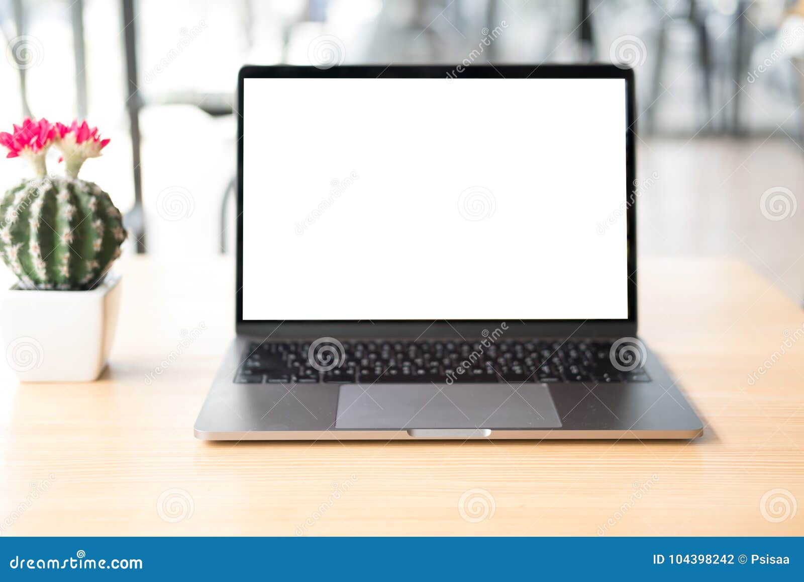 Computer on Wood Desk. Laptop with Blank Screen at Office Workplace ...