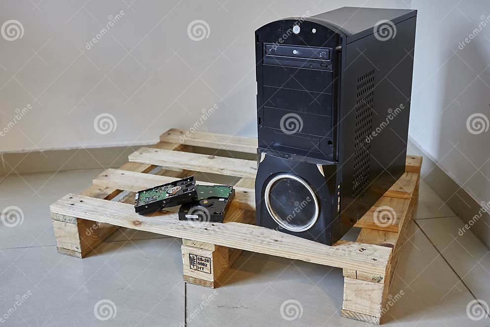 Computer on Wooden Pallet. PC Stock Photo - Image of holding, device ...