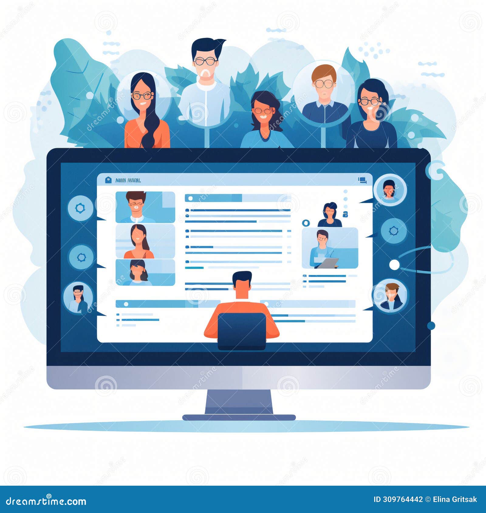 Computer Work Illustration, Collaborating Working, Using Pc, Modern ...