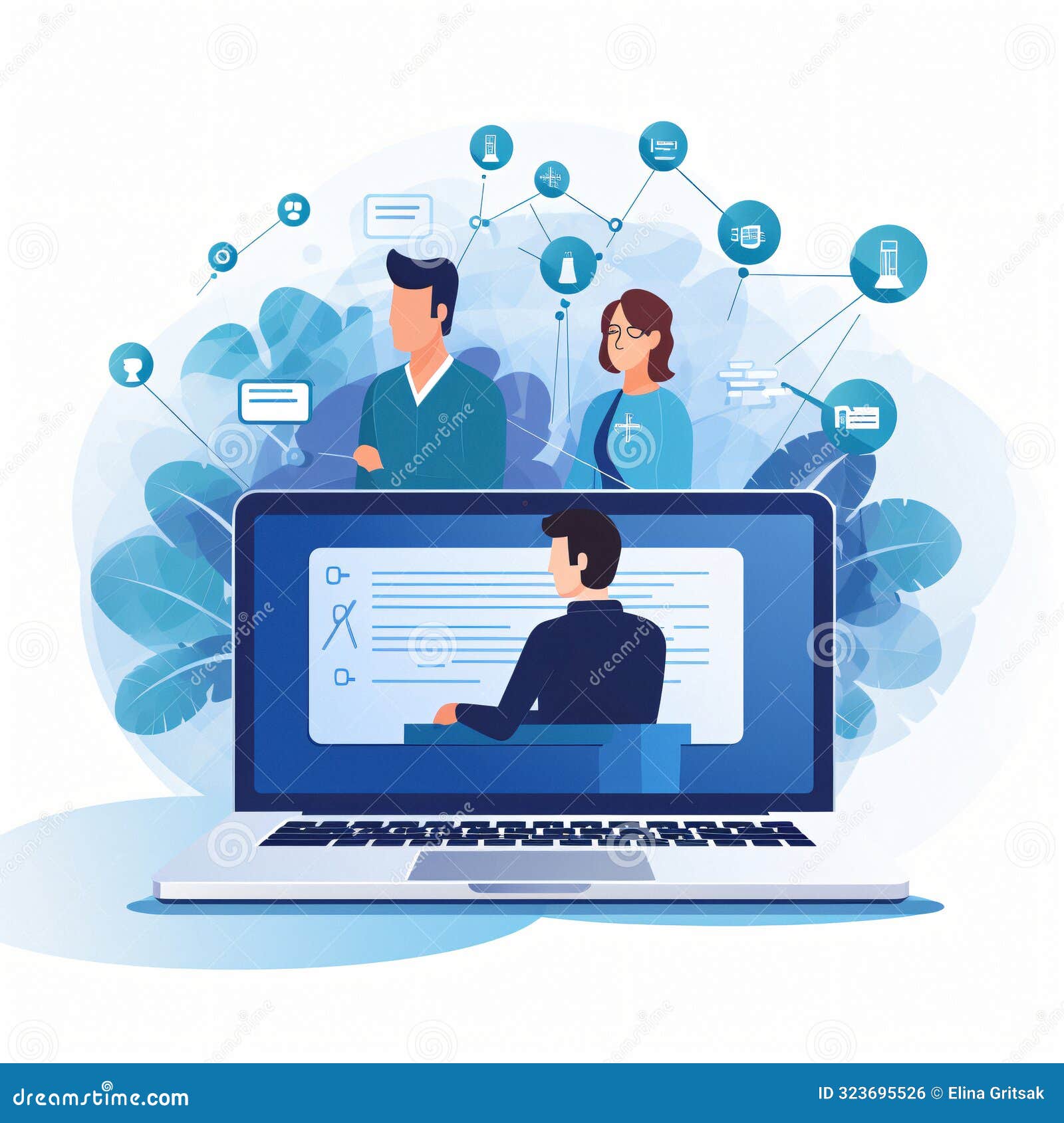 Computer Work Illustration, Collaborating Working, Using Pc, Modern ...