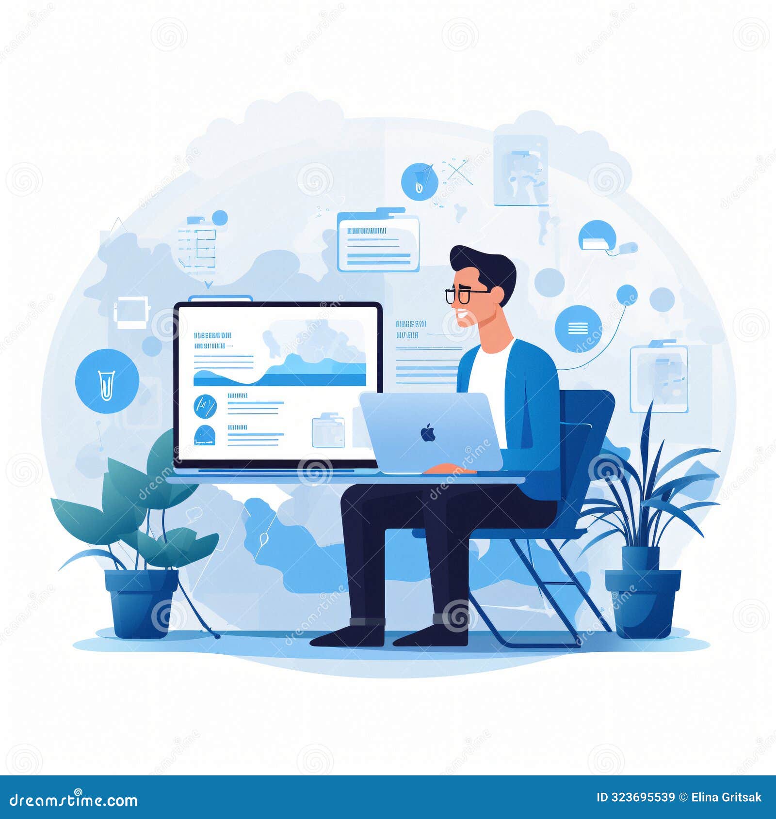 Computer Work Illustration, Collaborating Working, Using Pc, Modern ...