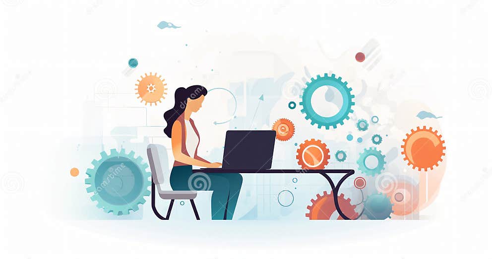 Computer Work Illustration, Collaborating Working, Using Pc, Modern ...