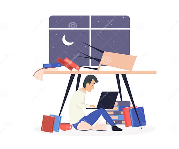 Computer Work Illustration, a Man Works at a Computer Late Stock Vector ...
