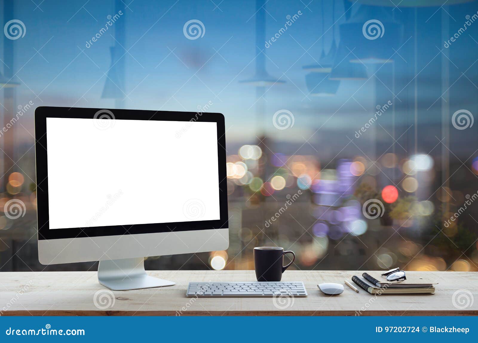 Computer on Work Table and City Night Background Stock Photo - Image of ...