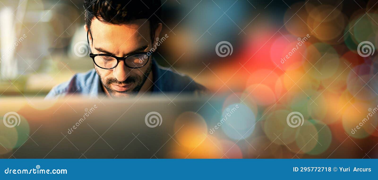 Computer, Working and Man with Digital Overlay or Bokeh for Information Technology, Software ...